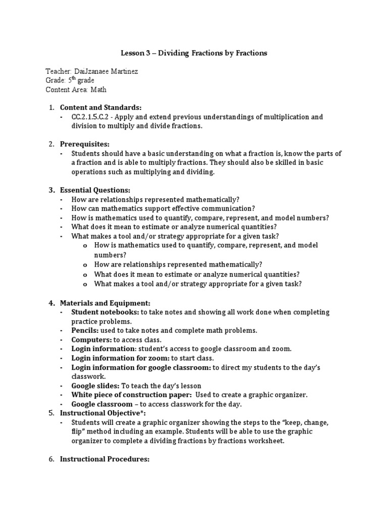 Dividing Fractions Lesson Plan for 5th Grade | PDF | Multiplication ...
