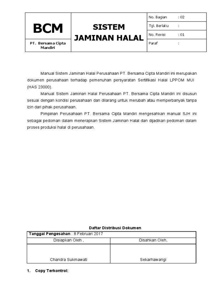 Manual Sistem Jaminan Halal Perusahaan PT | PDF