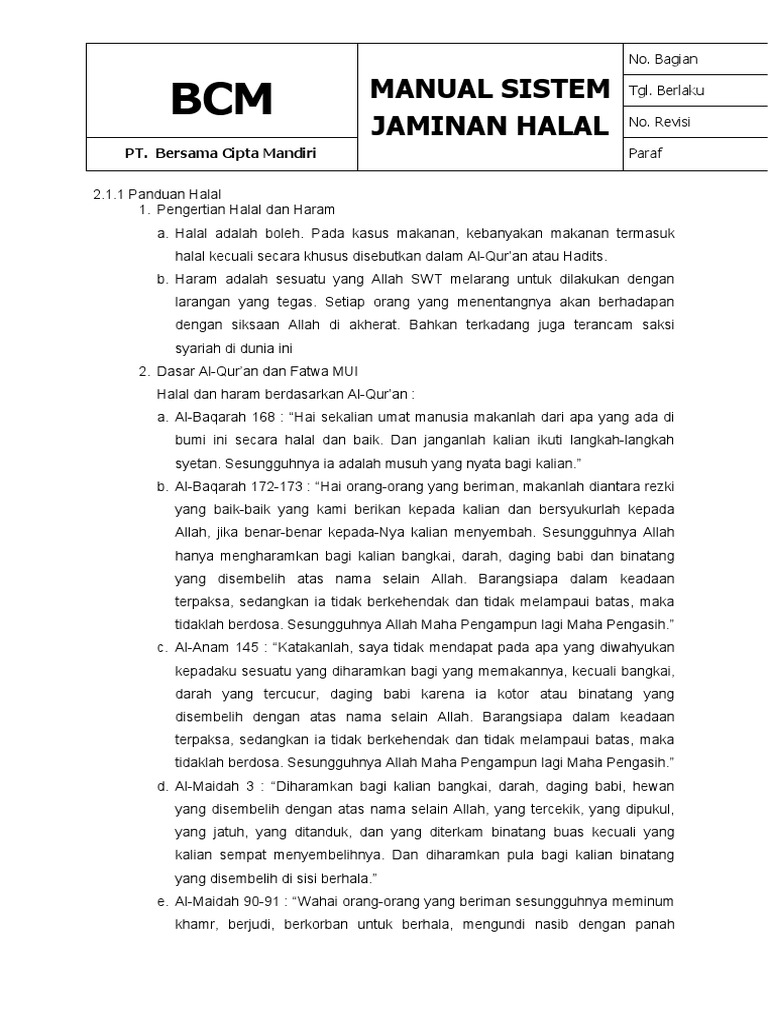 Manual Sistem Jaminan Halal: PT. Bersama Cipta Mandiri | PDF | Bisnis