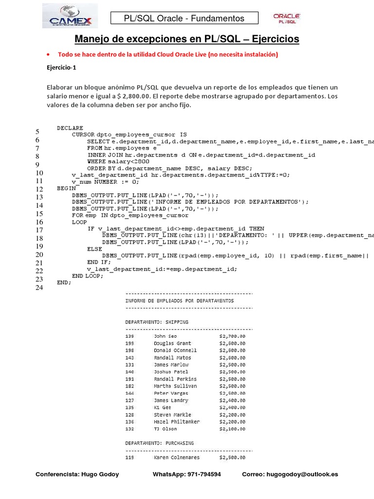 CAMEX CM6 PLSQL Ejercicios | Descargar gratis PDF | Pl / Sql | SQL