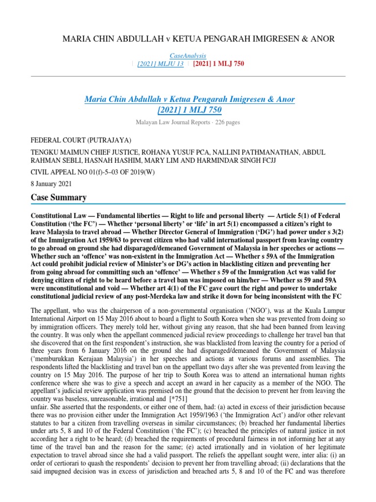 Maria Chin Abdullah v Ketua Pengarah Imigresen & Anor: A Landmark Decision Affirming Fundamental ...