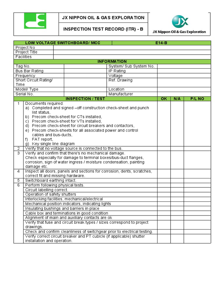 Low Voltage Switchboard Inspection Test Record | PDF | Fuse (Electrical ...