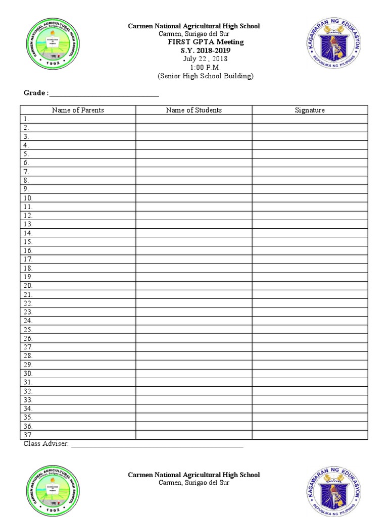 Carmen National Agricultural High School GPTA Meeting Agenda | PDF