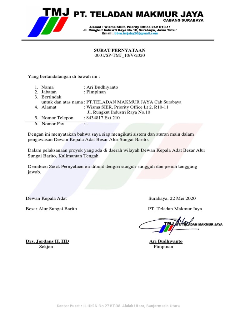 0001 S.Pernyataan - Dewan Kepala Adat Besar Sungai Barito - TMJ | PDF