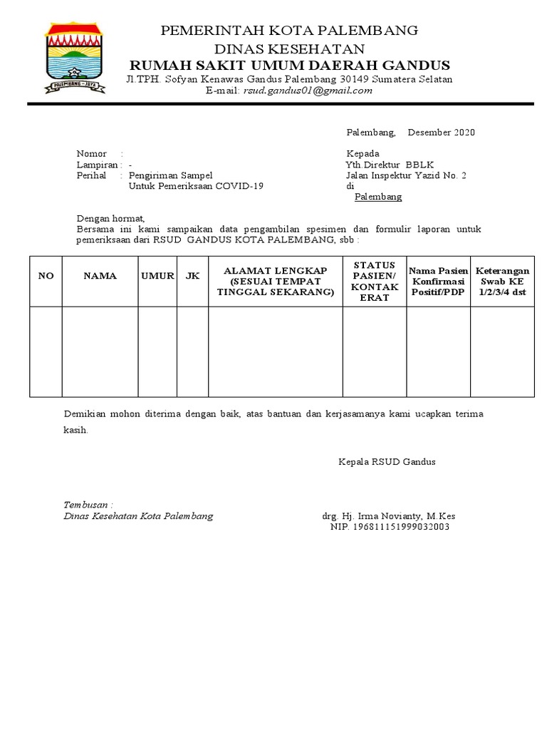 Surat Pengiriman Sampel Rsud Gandus | PDF