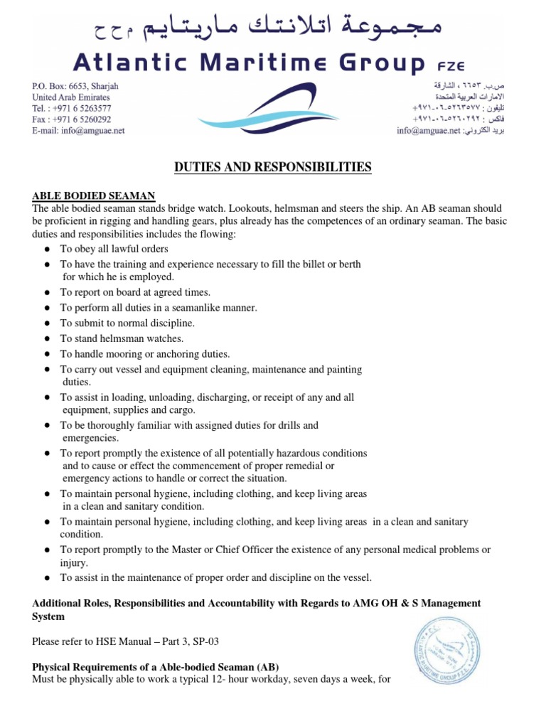 AB-Duties & Responsibilities | PDF | Sailor | Water Transport