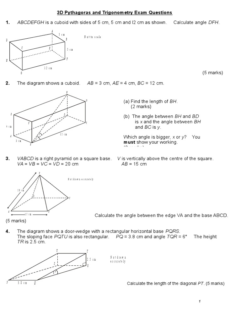3D Pythagoras and Trigonometry Exam Questions 1.: 5 C M Not To Scale ...