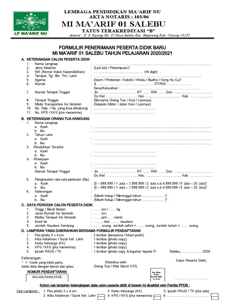 Formulir PPDB Mi Salebu 1 | PDF