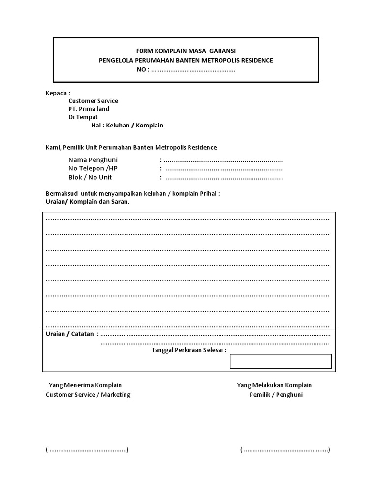 Form Komplain Perumahan Banten Metropolis | PDF | Bisnis | Pengelolaan ...