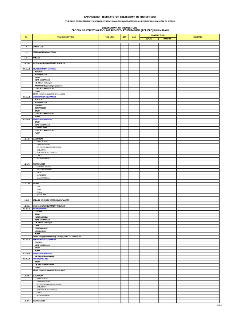 Appendix Iio - Template For Breakdown of Project Cost | PDF | Energy ...