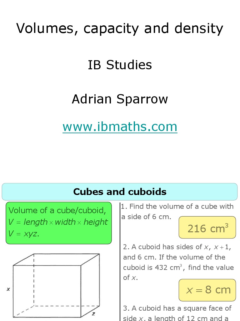 Volumes, Capacity and Density: IB Studies Adrian Sparrow | PDF | Litre ...