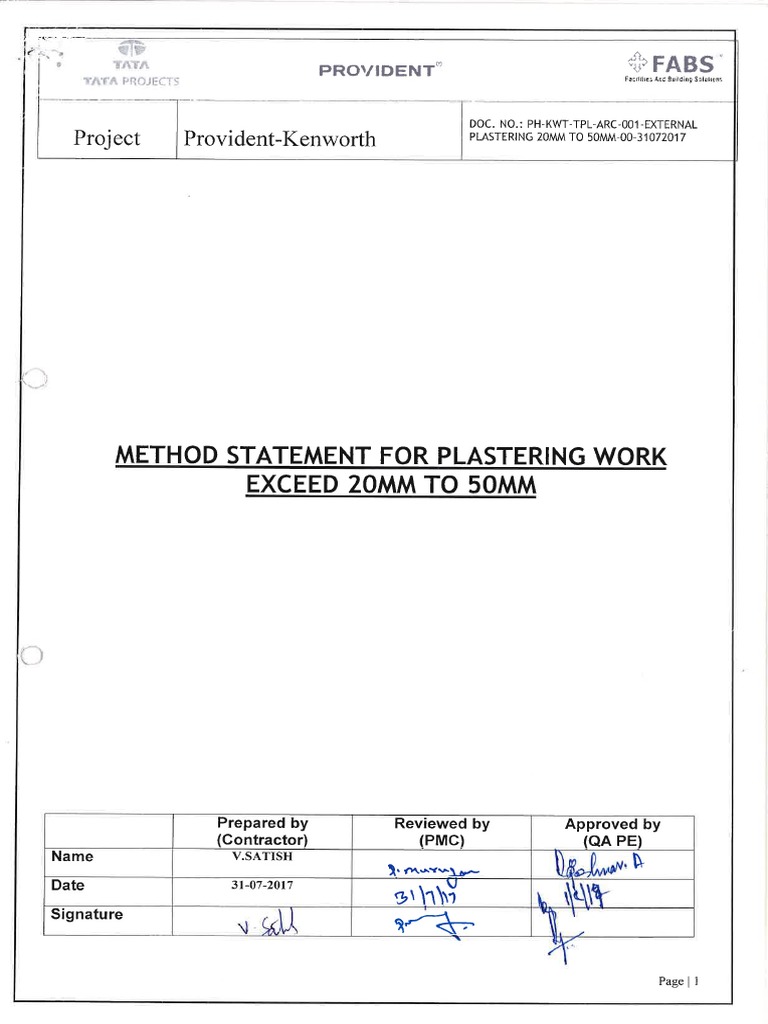 001 Method Statement For Plastering Work Exceed 20mm To 50mm | PDF