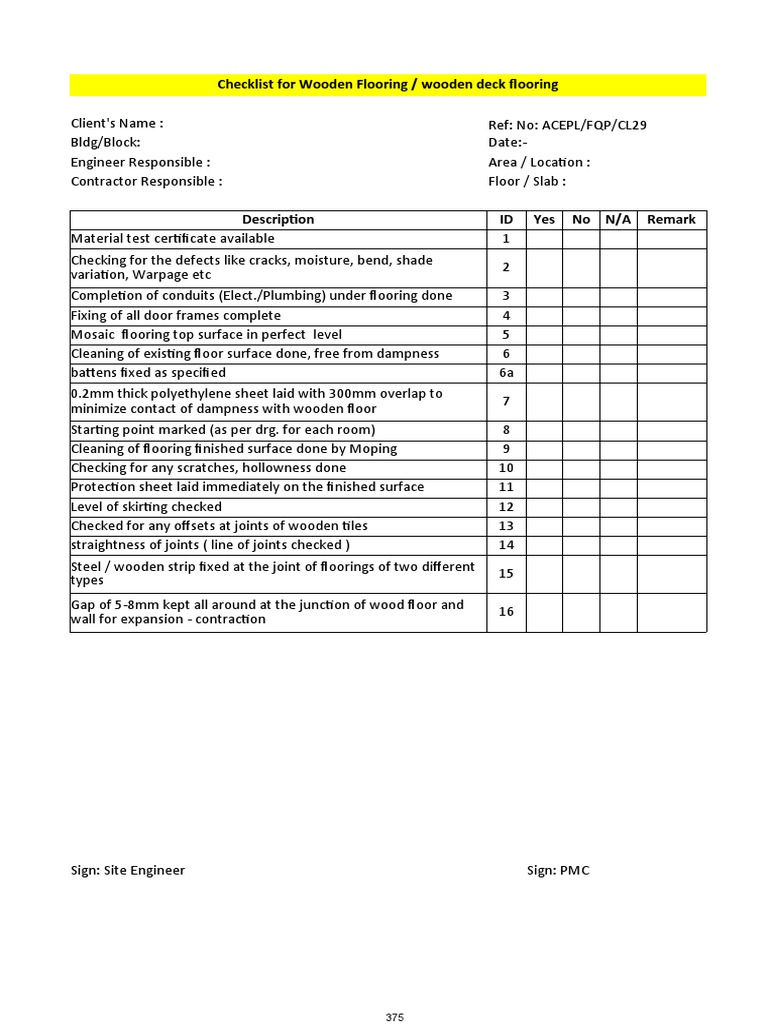 Wooden Flooring Installation Checklist | PDF | Technology & Engineering