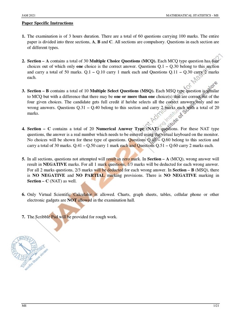 Mathematical Statistics Exam Guide: Section Structure and Instructions ...