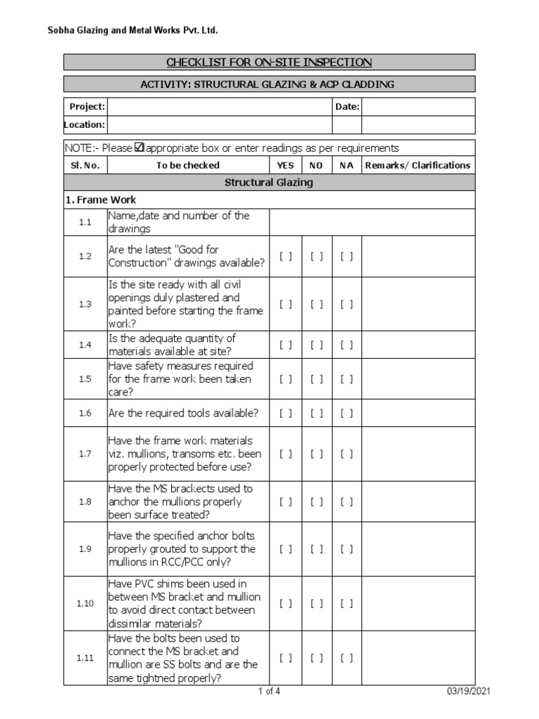 Checklist For On-Site Inspection: Activity: Structural Glazing & Acp ...