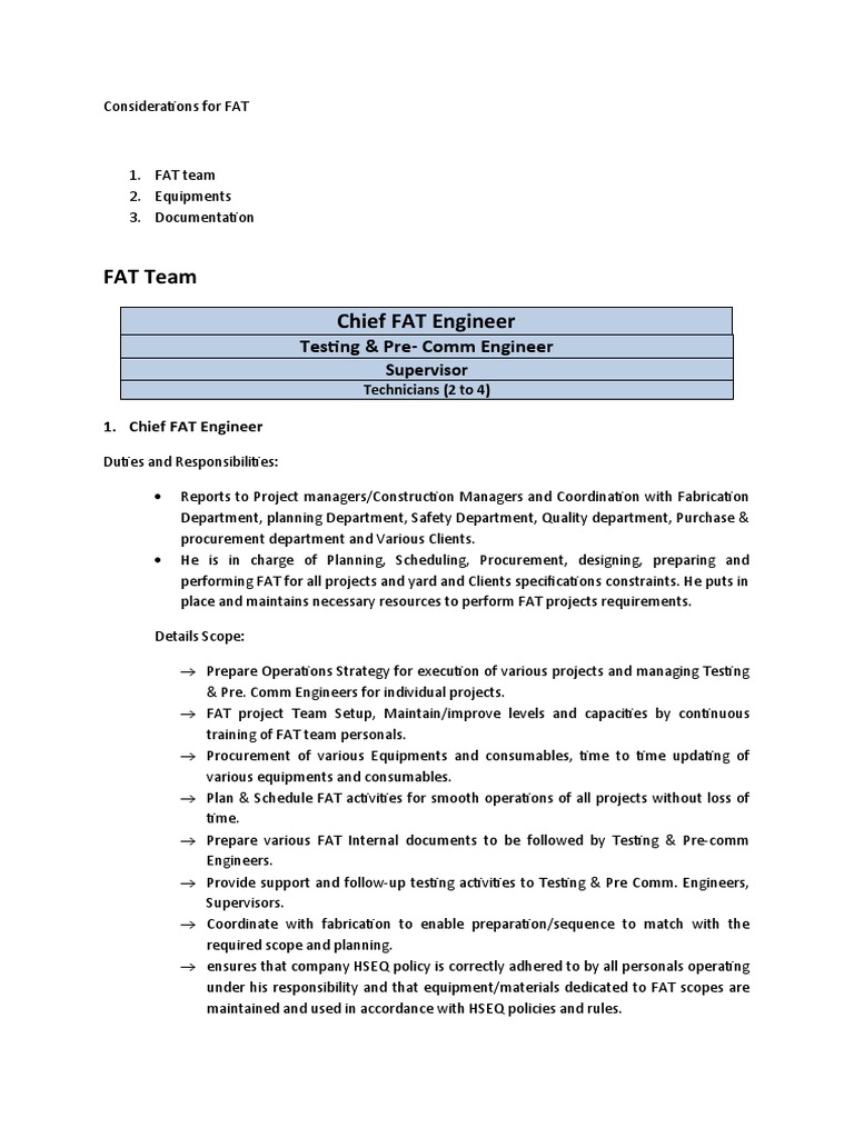 FAT Team Chief FAT Engineer: Testing & Pre-Comm Engineer | PDF ...