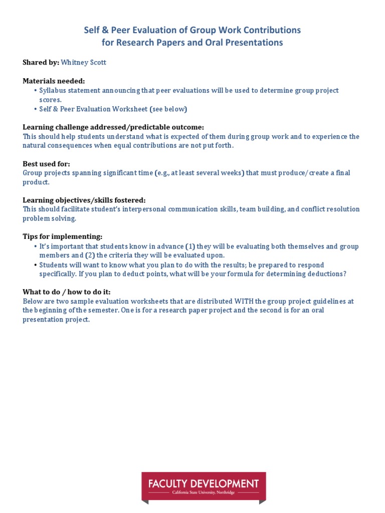 Self & Peer Evaluations of Group Work | PDF | Information | Evaluation