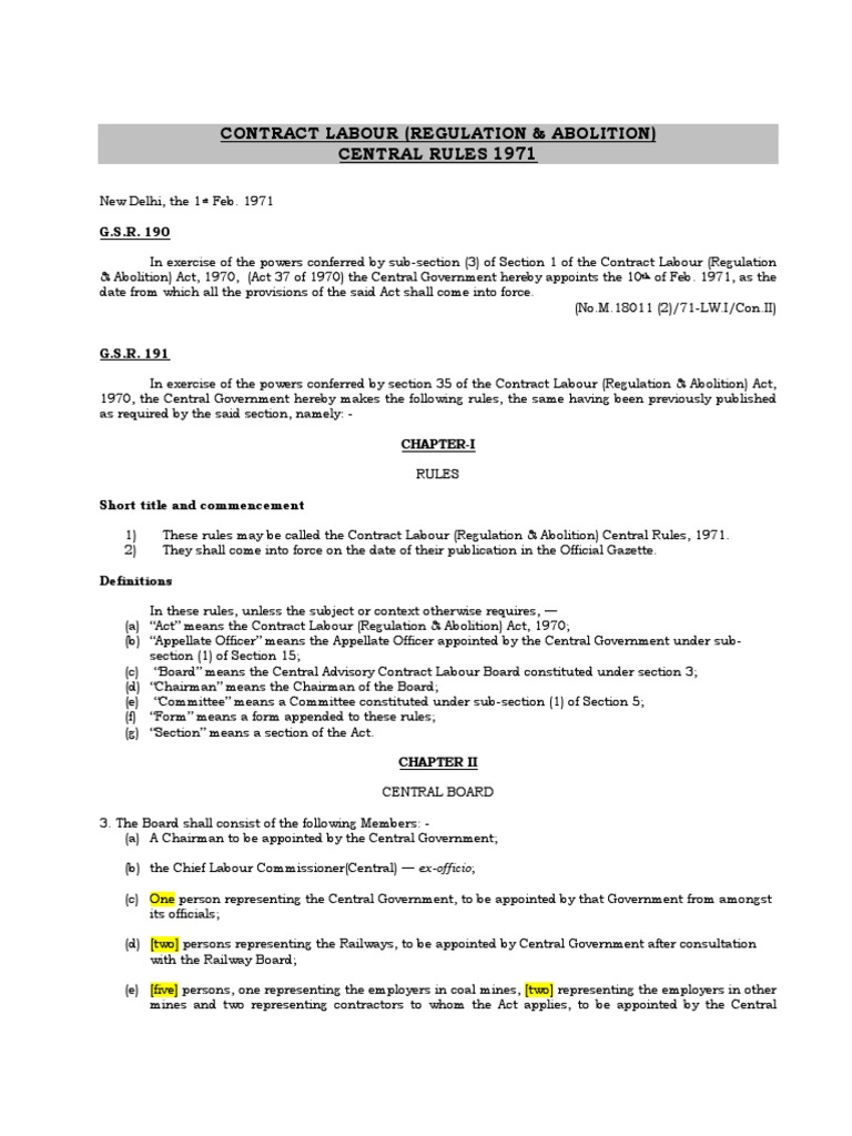Contract Labour - Regln & Abolition - Central Rules 1971 | PDF ...