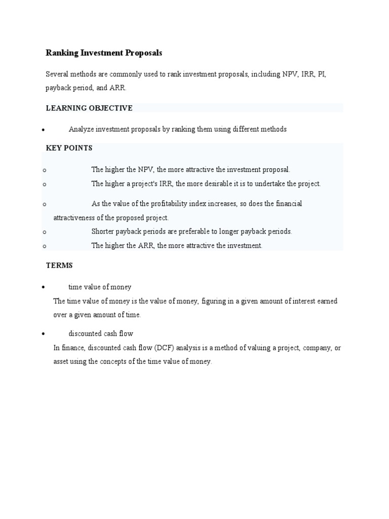 Ranking Investment Proposals: Learning Objective | PDF | Internal Rate ...