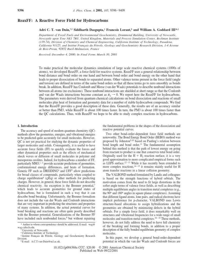 Reaxff: A Reactive Force Field For Hydrocarbons | PDF | Force Field ...