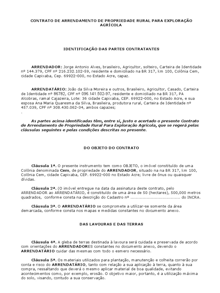 Contrato De Arrendamento De Propriedade Rural Para ExploraÇÃo AgrÍcola