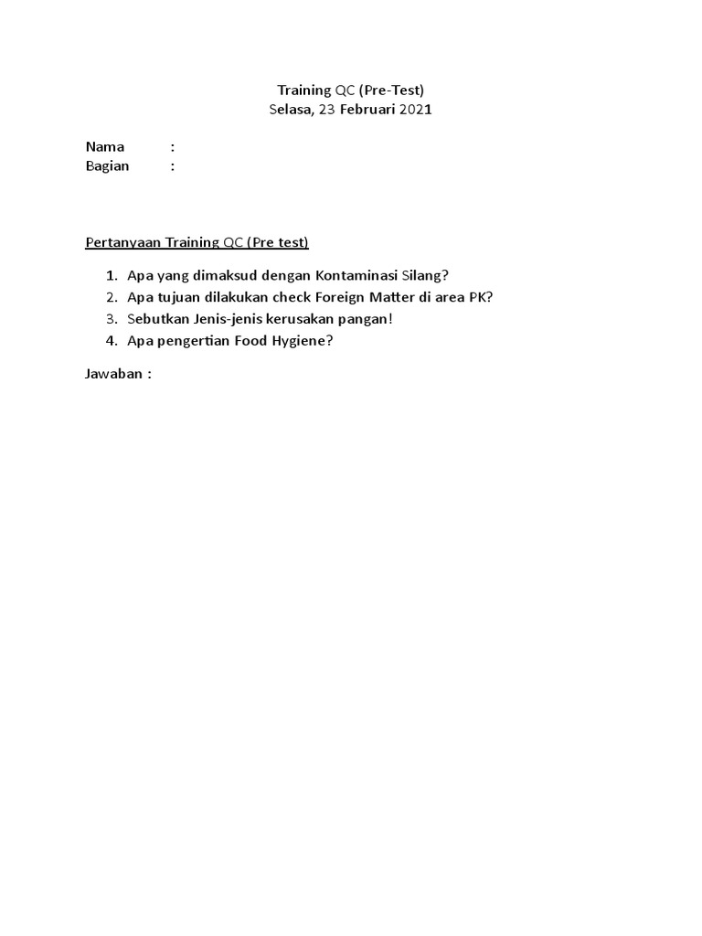 Pertanyaan Pre-Test Training QC | PDF | Kesehatan Holistik