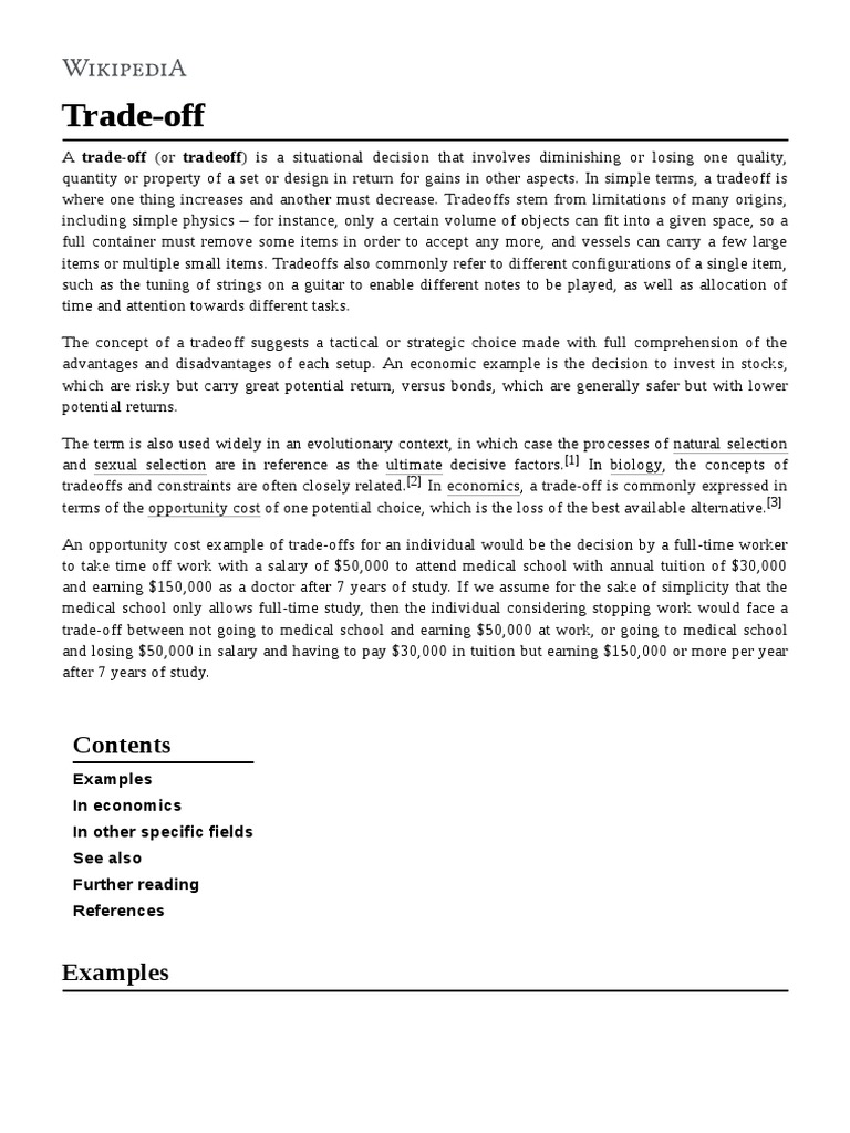 Trade-Off: Examples in Economics in Other Specific Fields See Also ...