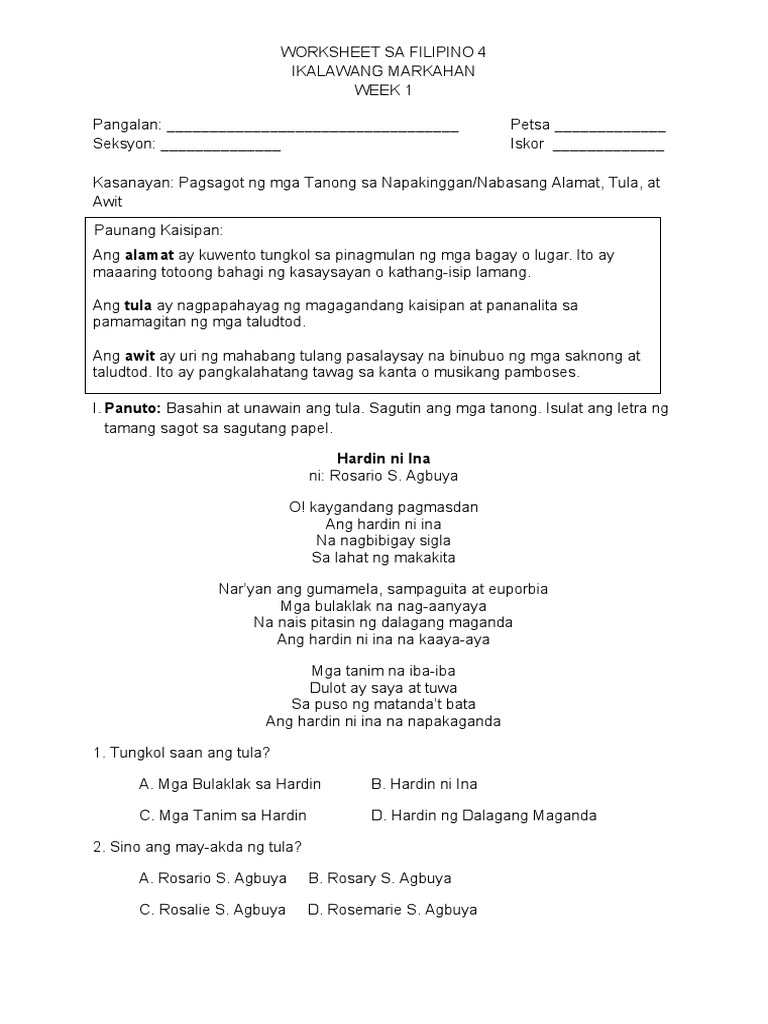 Worksheet No.1 Sa Filipino 4 Q2 | PDF