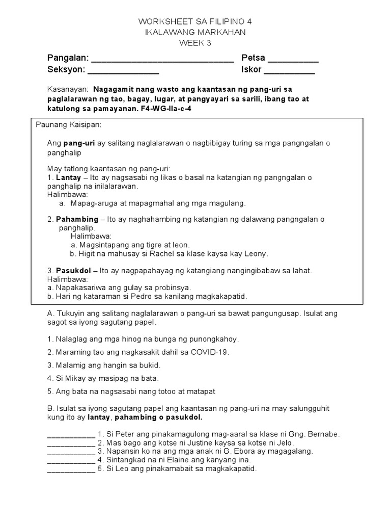 Worksheet No. 3 Sa Filipino 4 | PDF