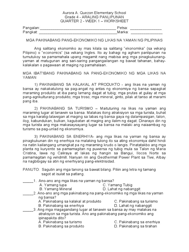 AP Qtr2 w1 Worksheets | PDF