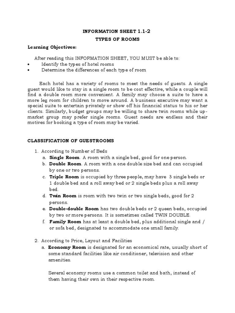 Information Sheet 1.1-2 Types of Rooms Learning Objectives | PDF | Room ...