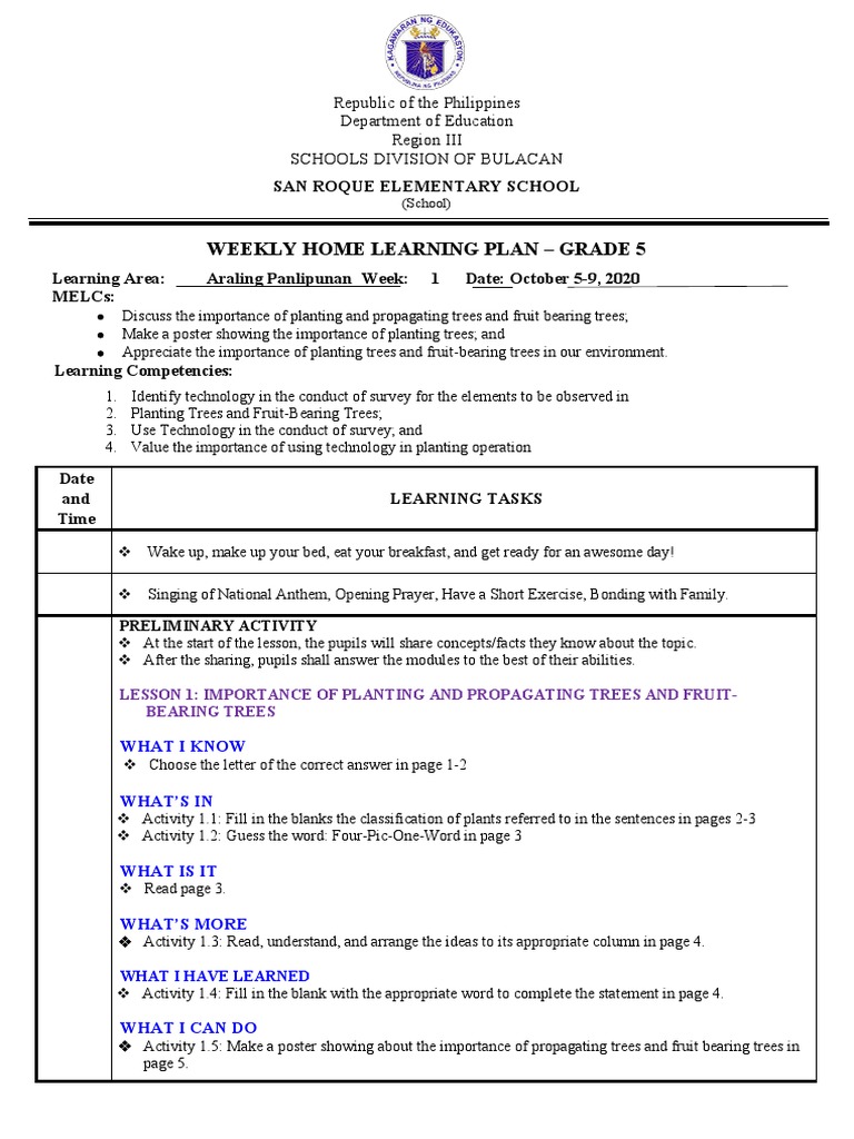 Grade 5 Weekly Learning Plan: Trees | PDF | Cognition | Behavior ...