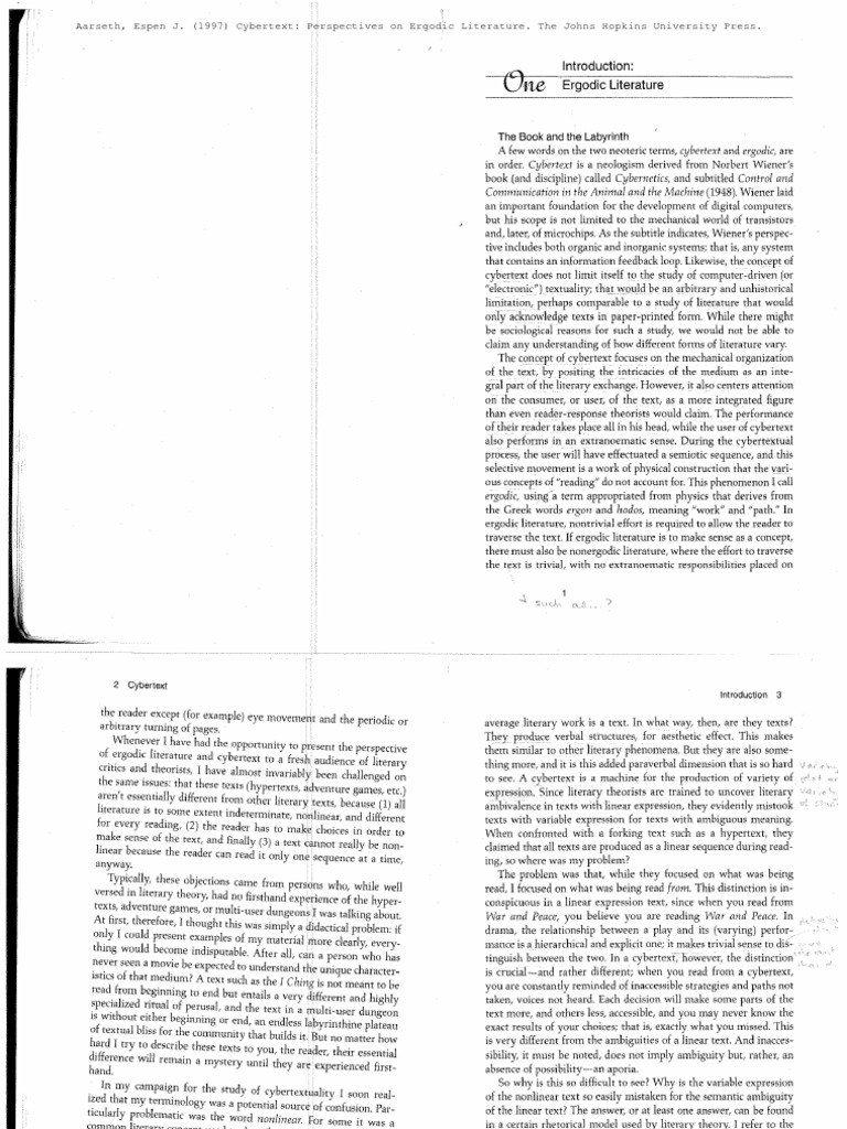 Cybertext Perspectives on Ergodic Literature Aarseth | PDF