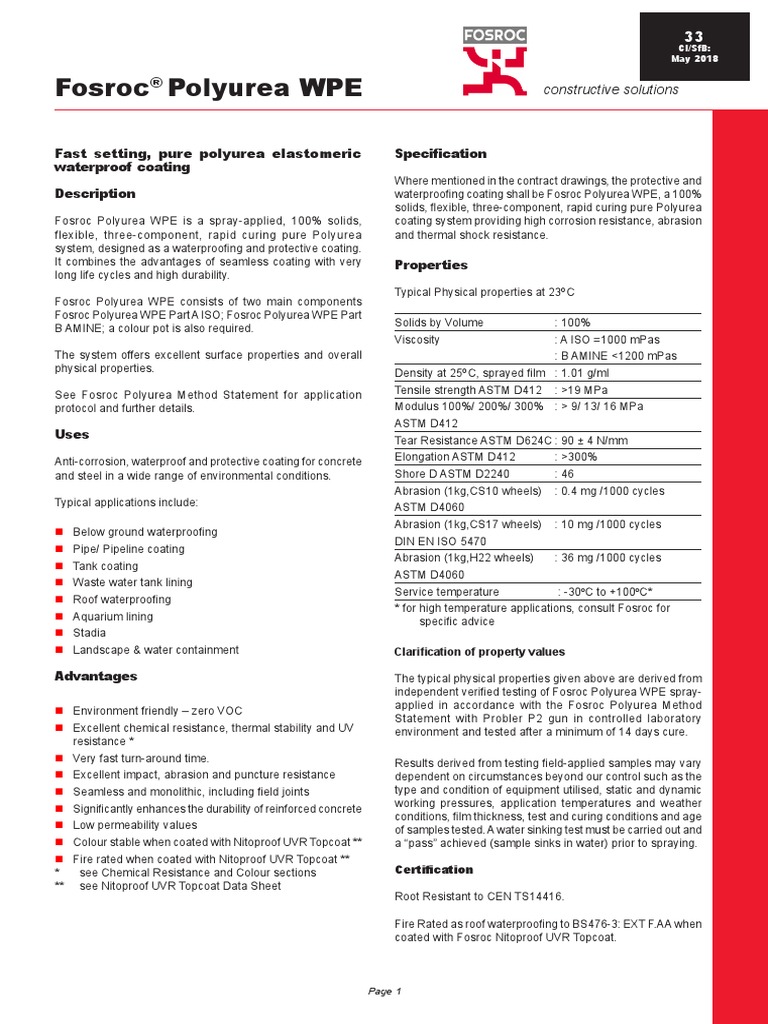 Fosroc Polyurea WPE 0518 | PDF | Concrete | Acid