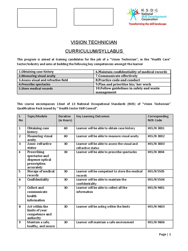 Curriculum Template - Vision Technician | PDF | Visual Acuity | Curriculum