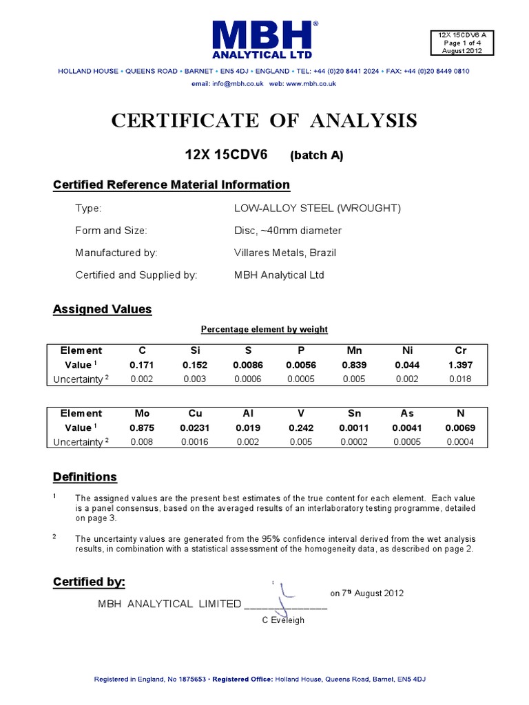 Certificate of Analysis: 12X 15CDV6 | PDF | Chemistry | Physical Sciences