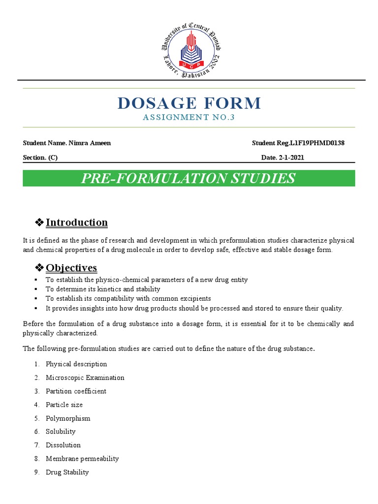 Dosage Form: Pre-Formulation Studies | PDF | Pharmaceutical Formulation ...