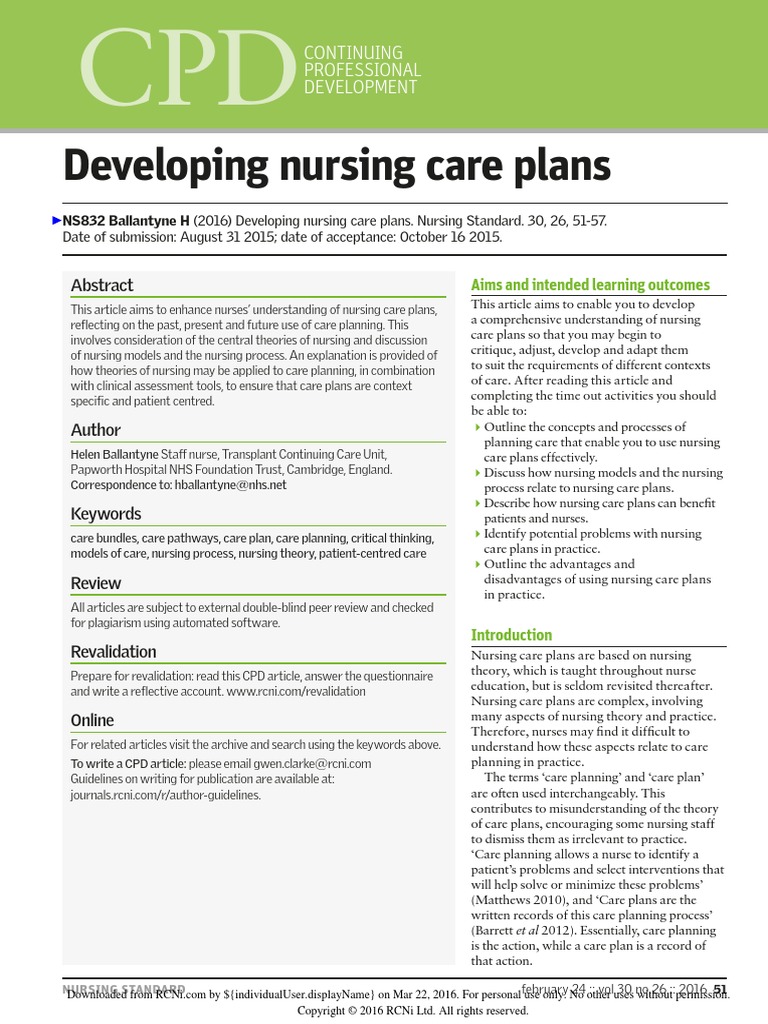 Developing Nursing Care Plans: Continuing Professional Development ...
