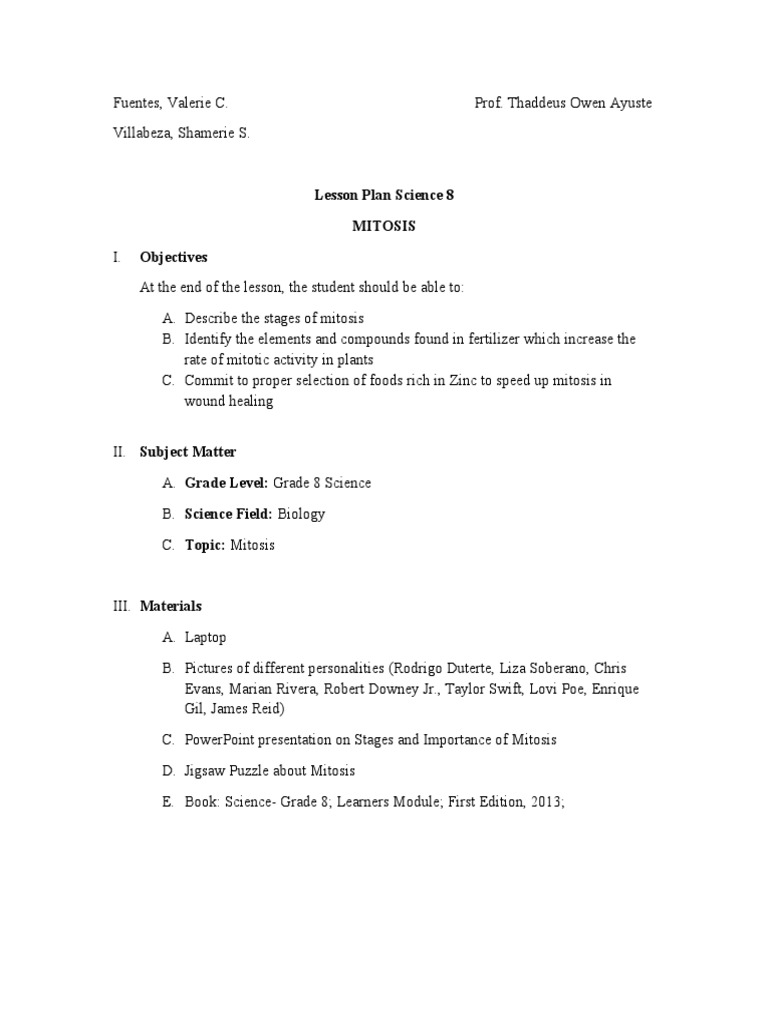 Lesson Plan Science 8 Mitosis Objectives | PDF | Mitosis | Chromosome