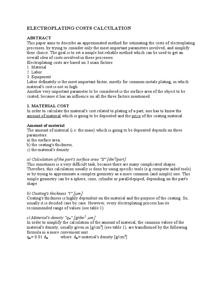 Nickel plating cost calculation store