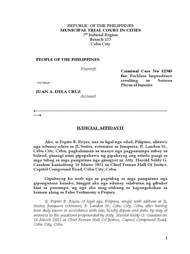 2021 Judicial Affidavit Sample With Translation Philippines | PDF