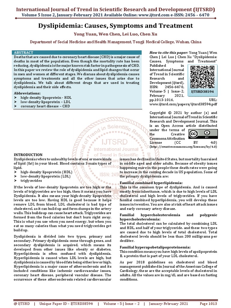 Dyslipidemia Causes, Symptoms and Treatment | PDF | Cholesterol | High ...