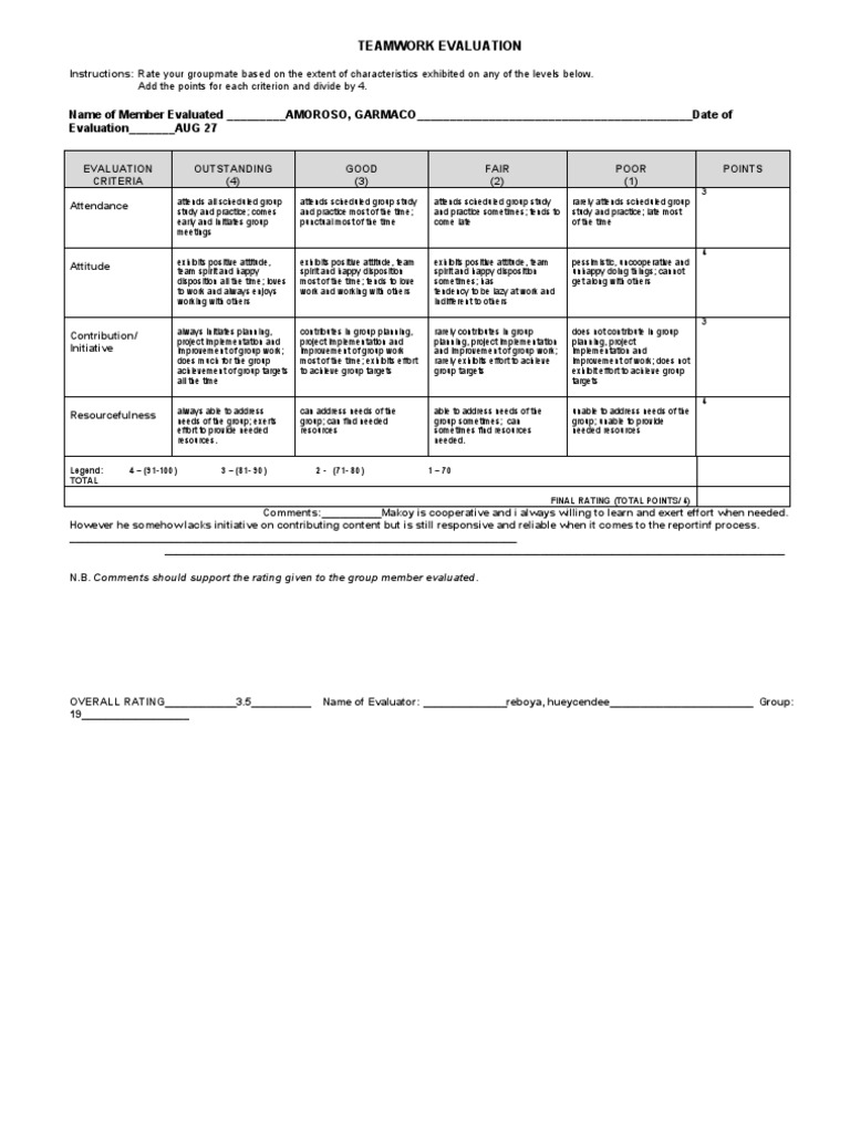 19 REBOYA TEAMWORK EVALUATION Rubric 1 | PDF | Human Nature | Psychology