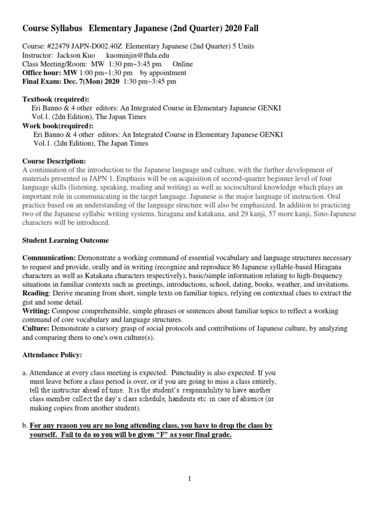 Course Syllabus | PDF | Japanese Language | Kanji