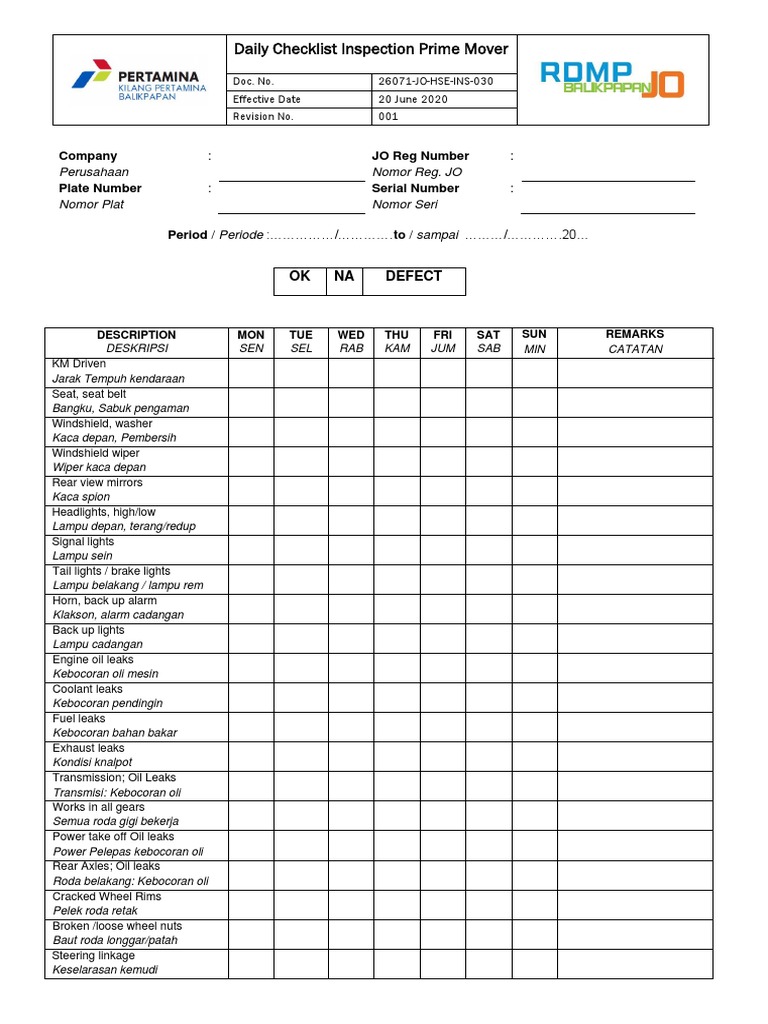 Daily Prime Mover Inspection Checklist | PDF | Vehicles | Motor Vehicle