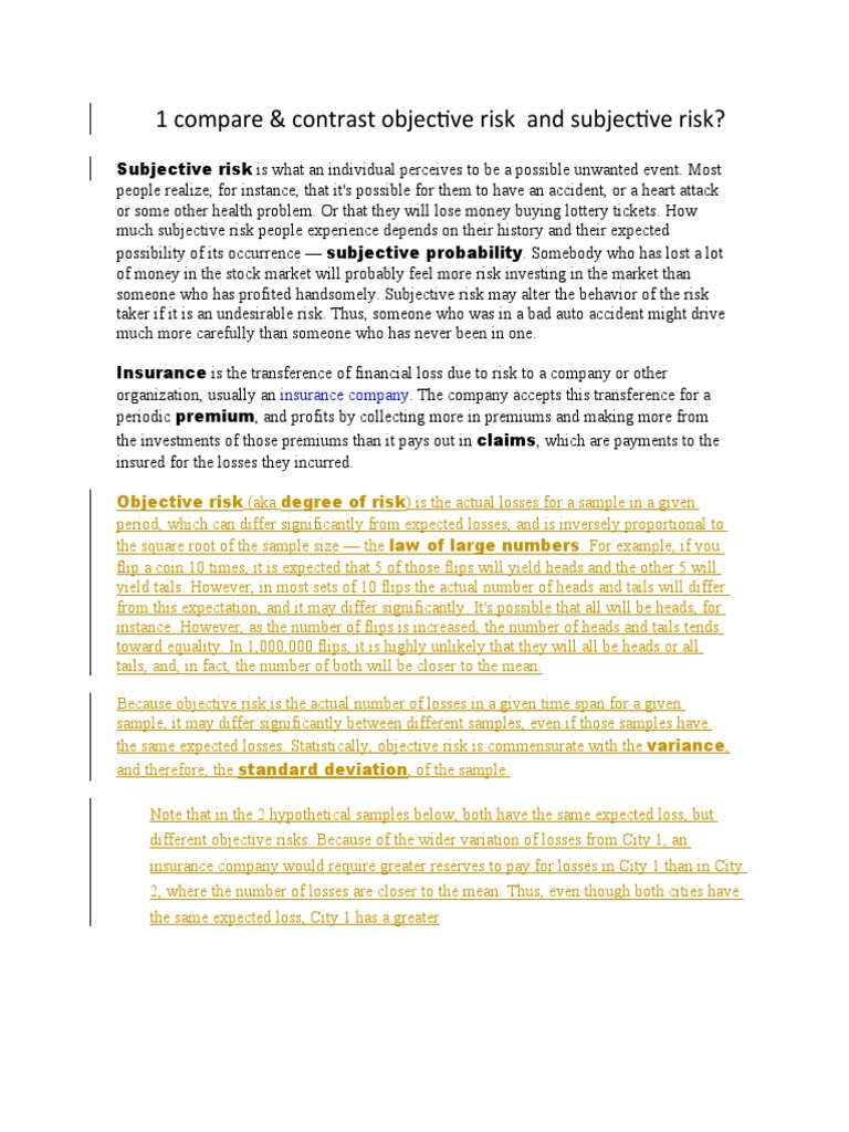 1 Compare & Contrast Objective Risk and Subjective Risk?: Insurance ...