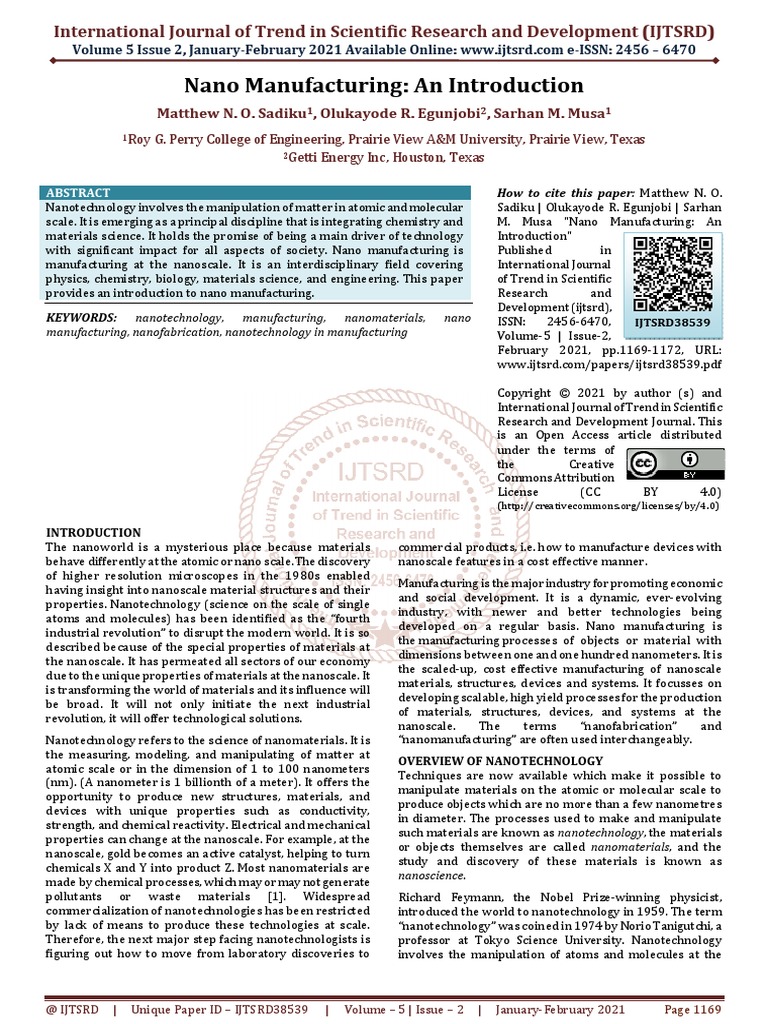 Nano Manufacturing An Introduction | PDF | Nanotechnology | Nanomaterials Nano Manufacturing An Introduction | PDF | Nanotechnology | Nanomaterials
