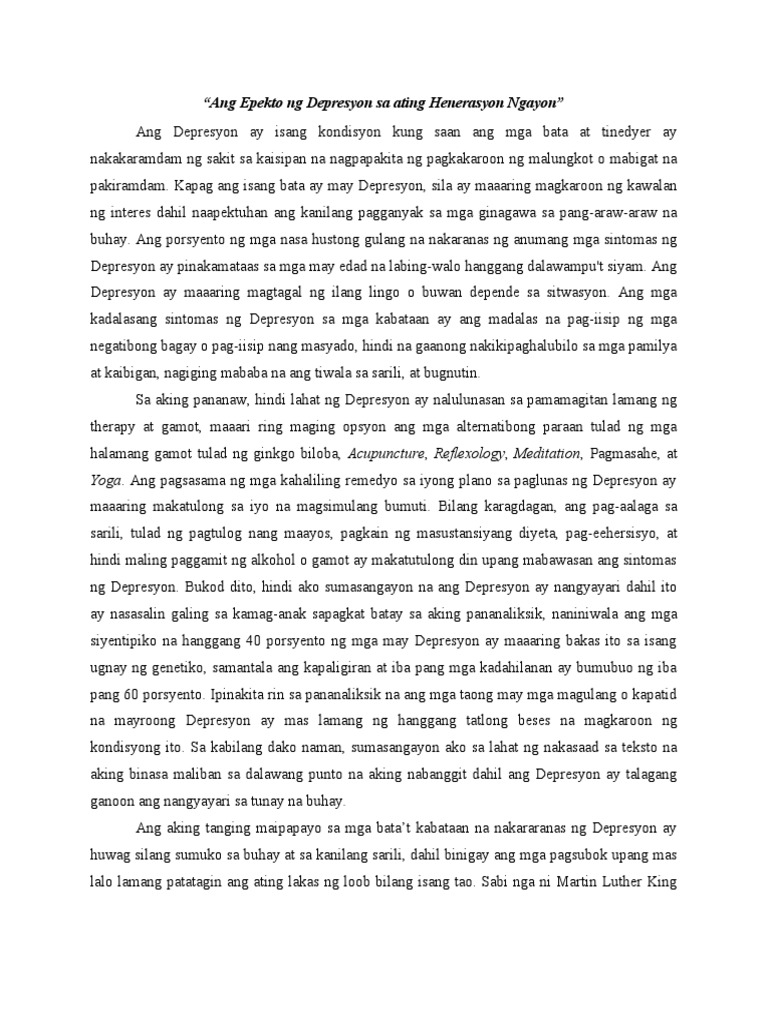 Ang Epekto NG Depresyon Sa Ating Henerasyon Ngayon | PDF