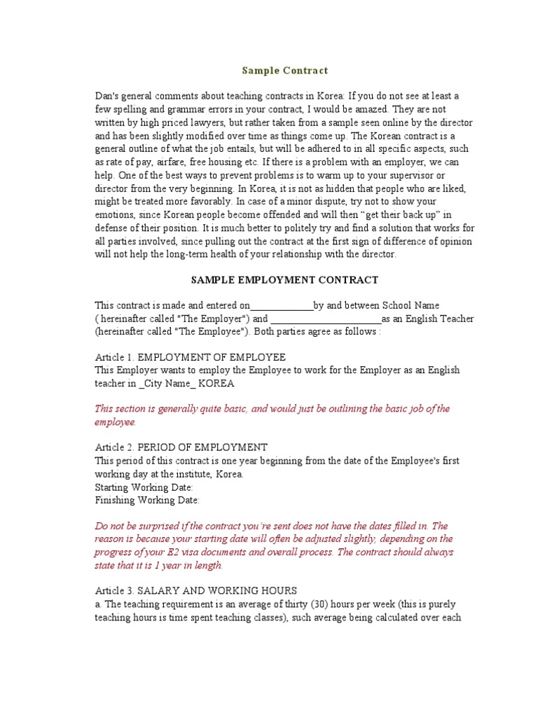 Sample Korean Employment Contract | Working Time | Employment