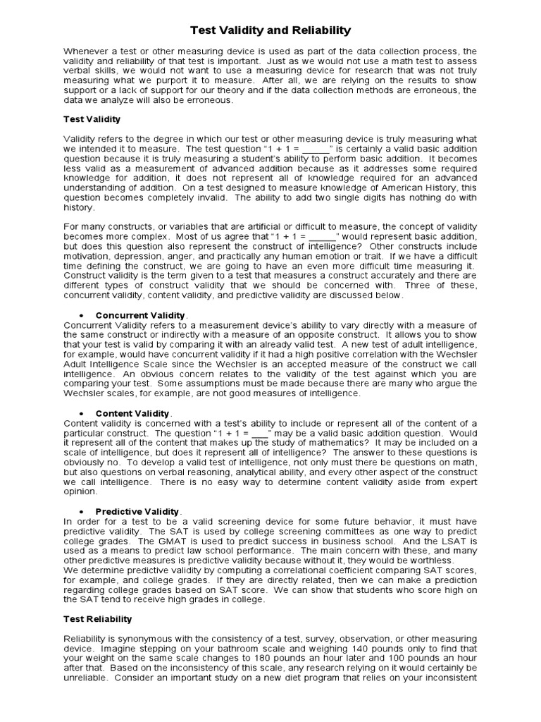 Validity and Reliability in Testing | PDF | Validity (Statistics ...